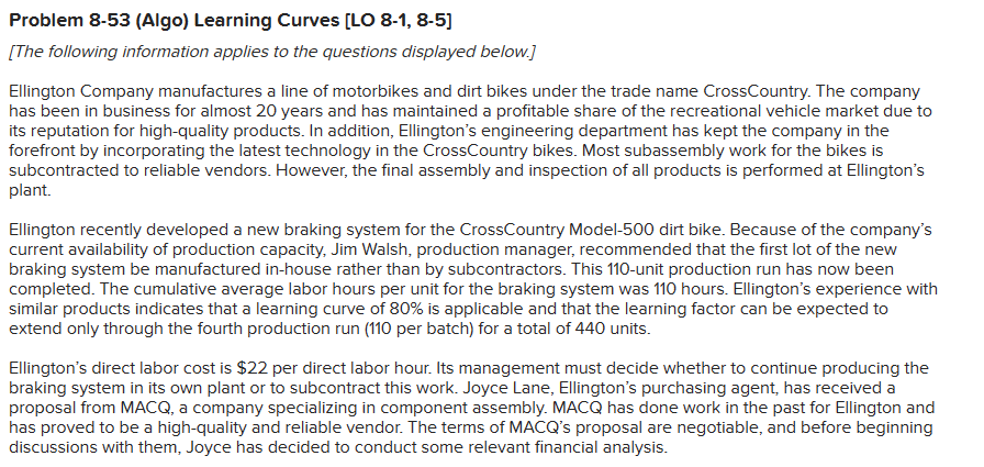 Solved Problem 8-53 (Algo) Learning Curves [LO 8-1, 8-5] | Chegg.com