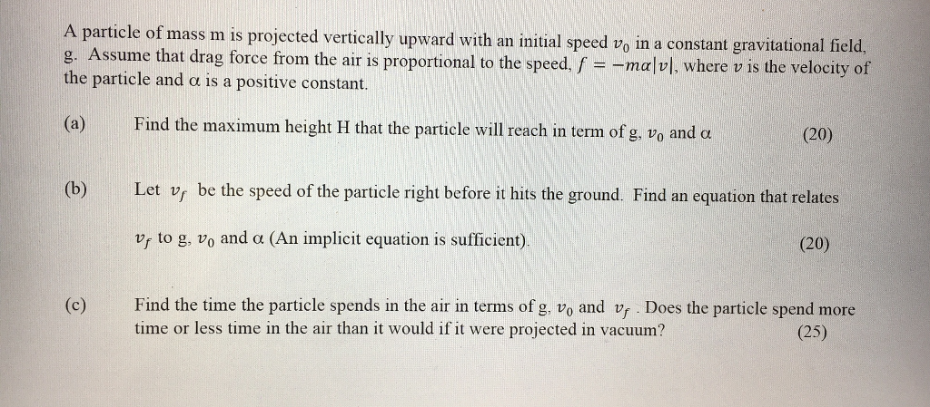 Solved A particle of mass m is projected vertically upward | Chegg.com