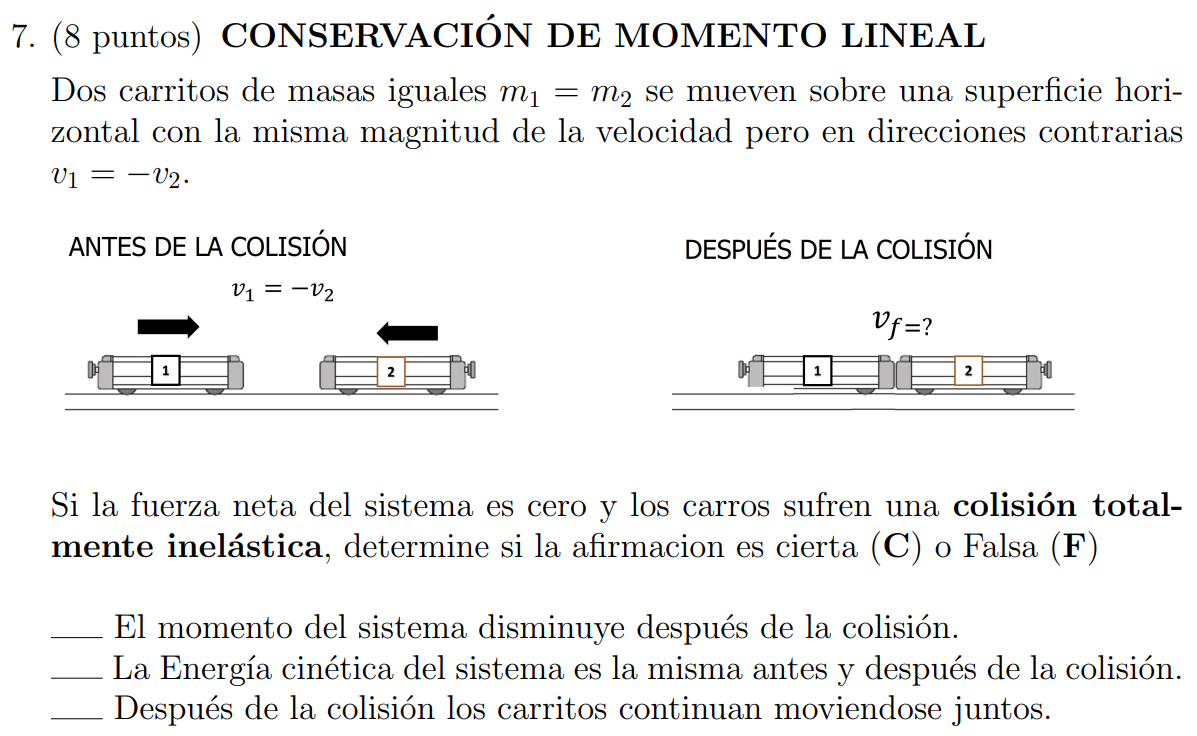 Solved 7. (8 puntos) CONSERVACIÓN DE MOMENTO LINEAL Dos | Chegg.com