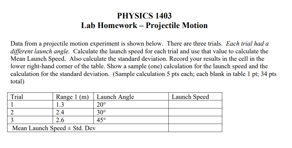 Solved PHYSICS 1403 Lab Homework – Projectile Motion Data | Chegg.com
