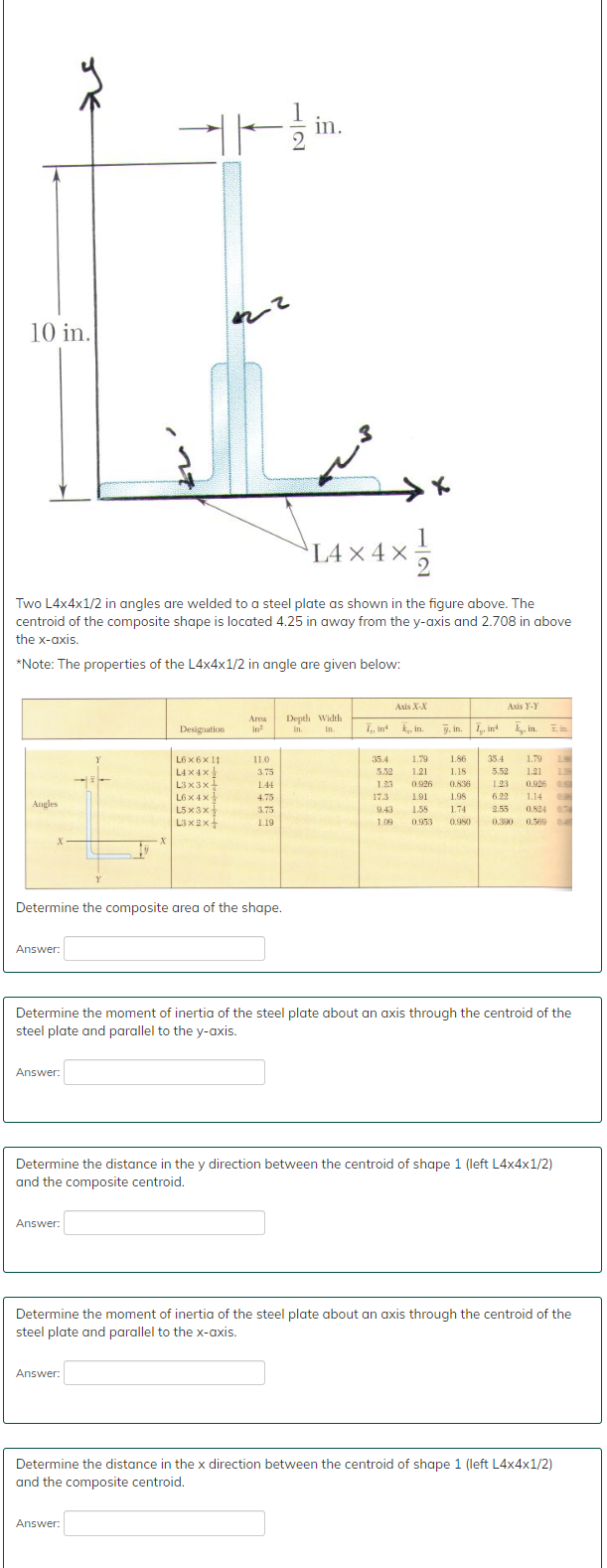 Solved in. 22 10 in. ܙܝ 14x4x 1/2 Two L4x4x1/2 in angles are | Chegg.com