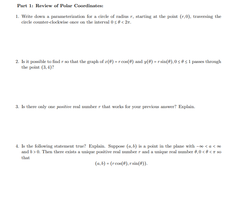 Solved Part 1: Review of Polar Coordinates: 1. Write down a | Chegg.com