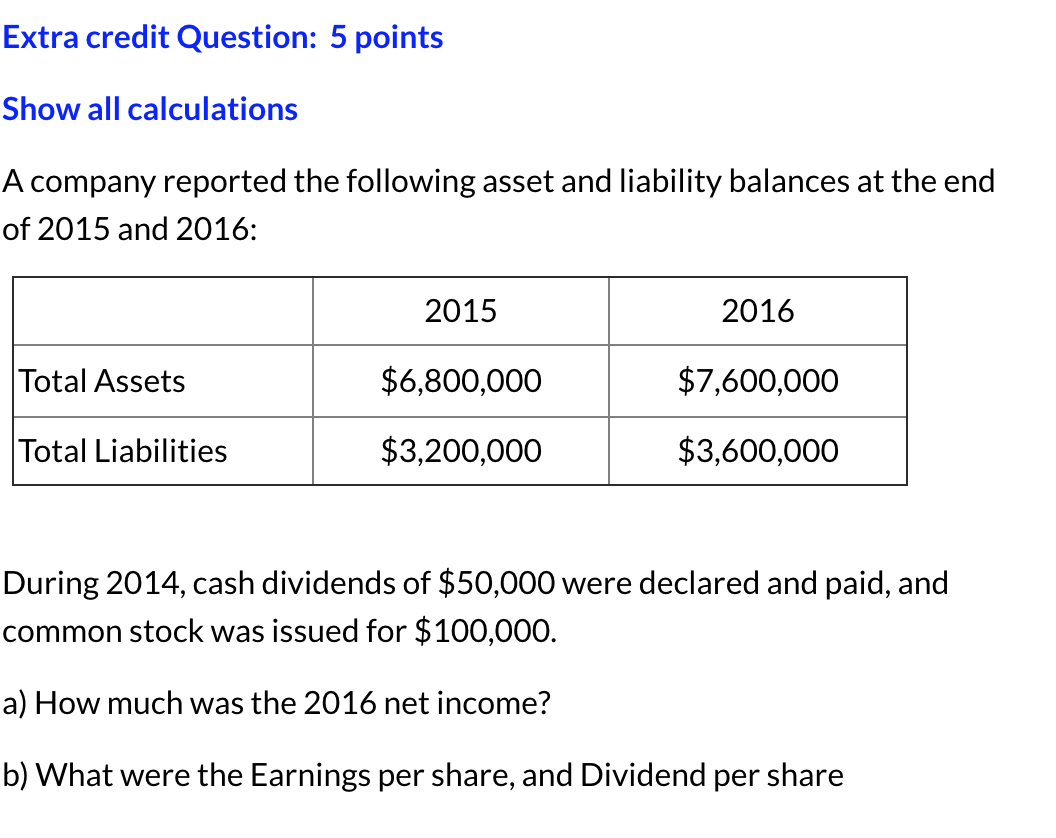 Solved Extra credit Question: 5 points Show all calculations | Chegg.com