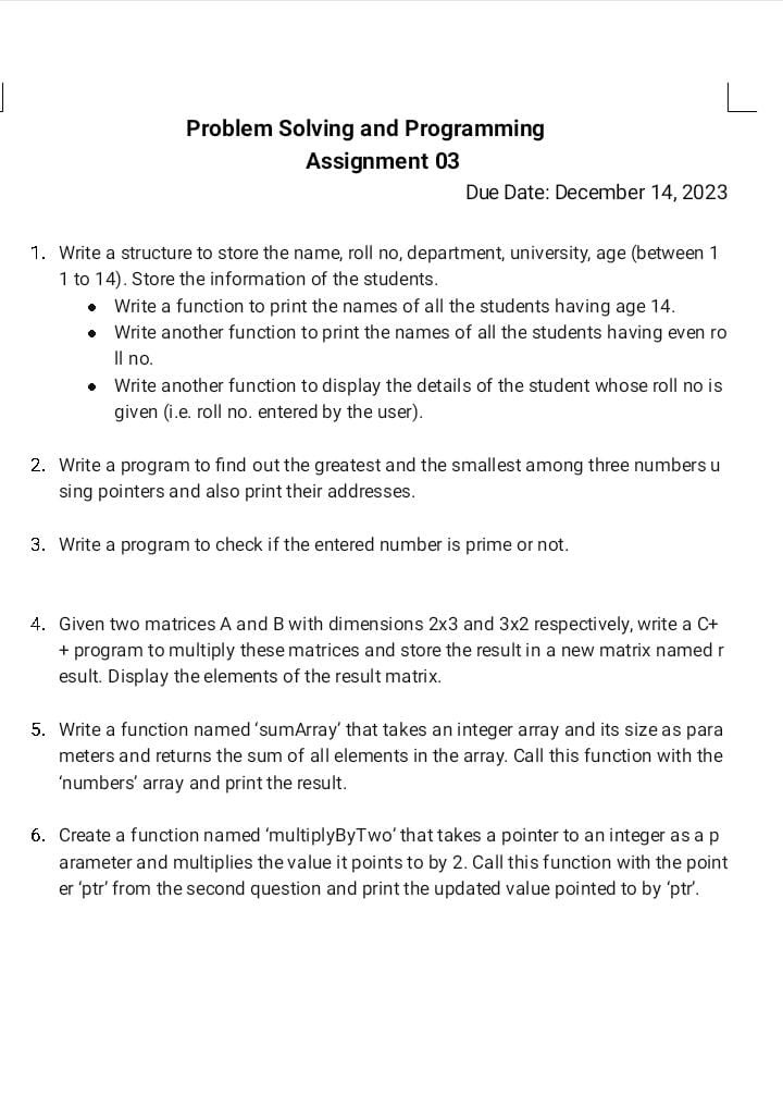 Solved Assignment 03 Due Date: December 14, 2023 1. Write a | Chegg.com
