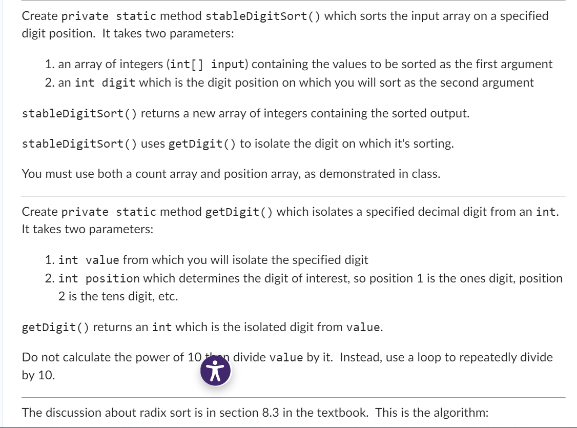Solved Create private static method stableDigitSort() ﻿which | Chegg.com