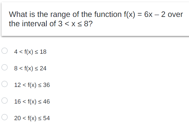 Solved What is the range of the function f(x) = 6x – 2 over | Chegg.com