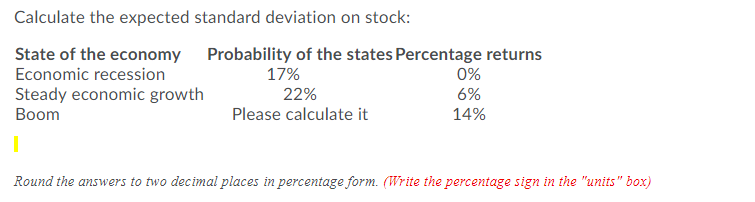 Solved Calculate the expected standard deviation on stock: | Chegg.com