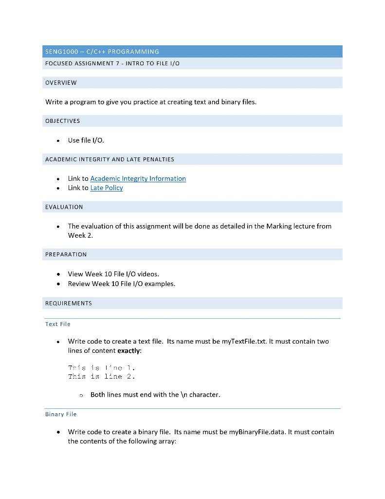Solved SENG 1000 - C/C++ PROGRAMMING FOCUSED ASSIGNMENT 7 - | Chegg.com