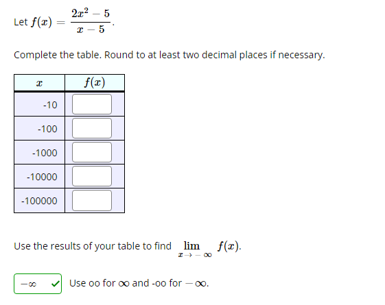 Solved Let f(x)=x−52x2−5. Complete the table. Round to at | Chegg.com