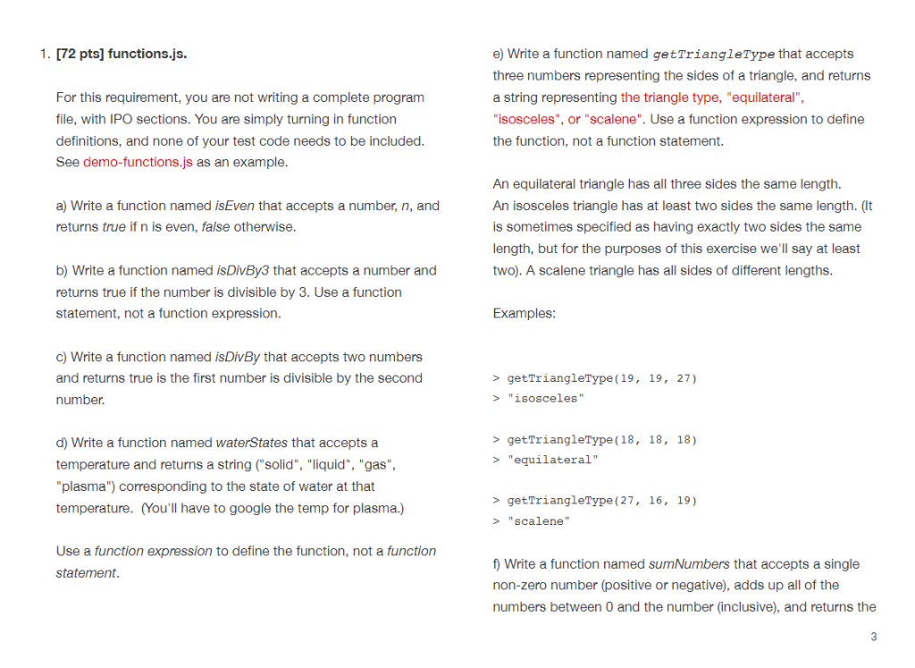 1. [72 pts] functions.js. For this requirement, you | Chegg.com
