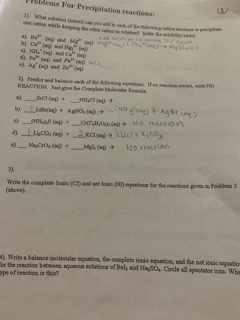 Solved Problems For Precipitation reactions: (3) 1). What | Chegg.com