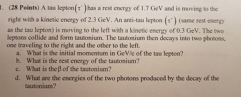 Solved (28 Points) A tau lepton(t )has a rest energy of 1.7 | Chegg.com