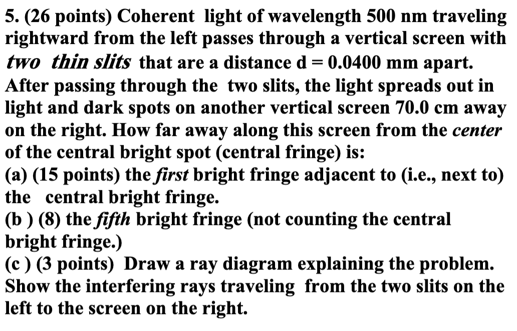 Solved 5. (26 points) Coherent light of wavelength 500 nm | Chegg.com