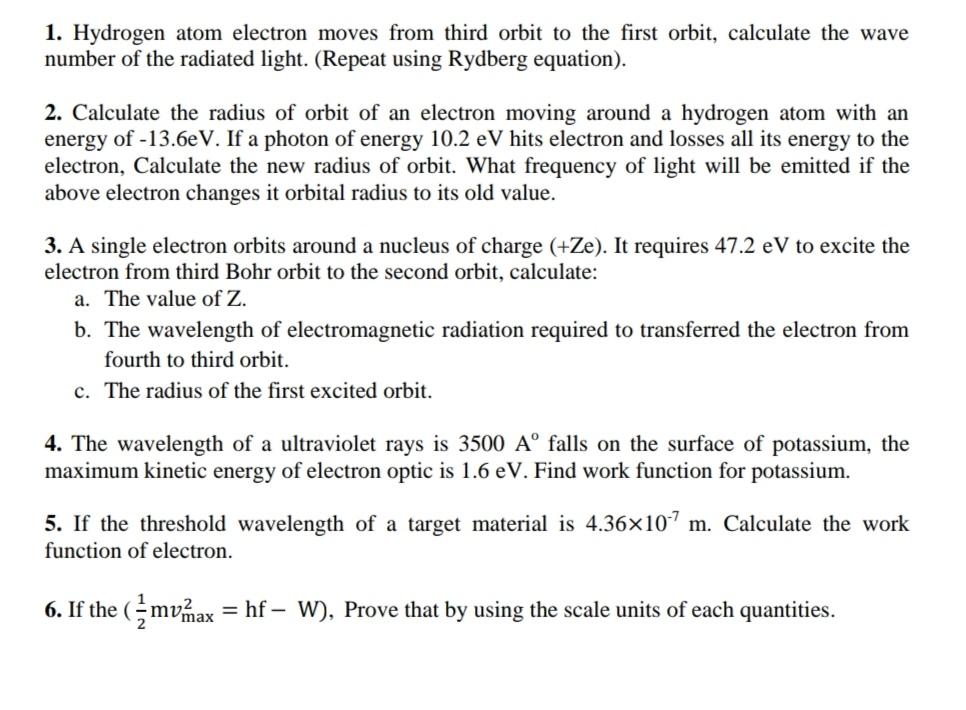 Solved 1 Hydrogen Atom Electron Moves From Third Orbit To