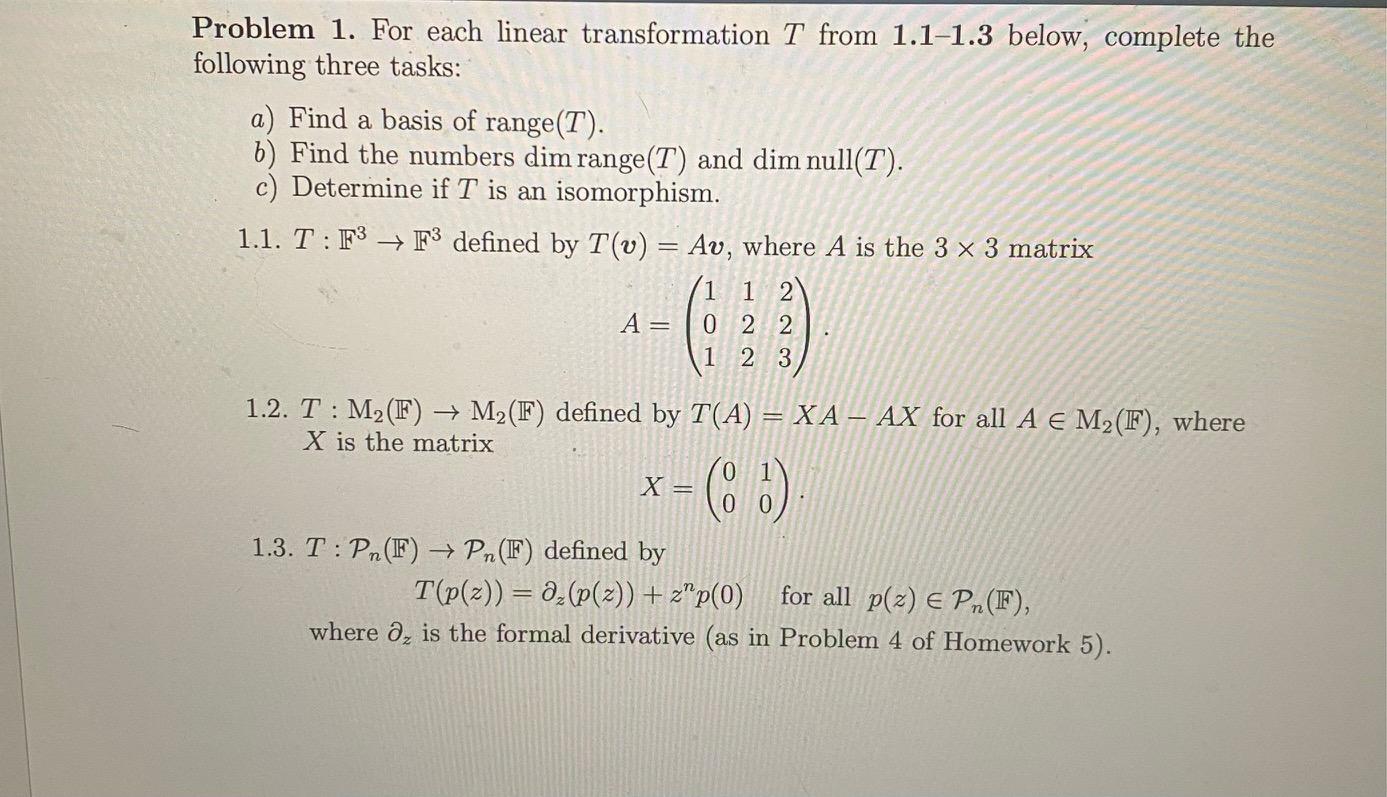 Solved Problem 1. For each linear transformation T from | Chegg.com