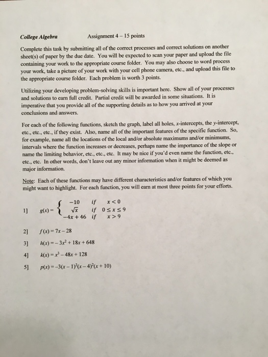 Solved College Algebra Assignment 4-15 points Complete this | Chegg.com