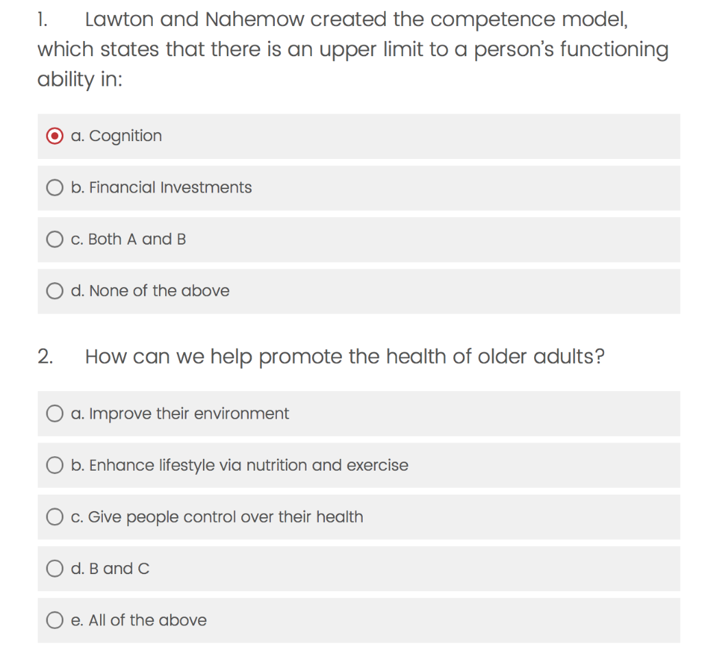Solved 1. Lawton and Nahemow created the competence model, | Chegg.com Solved 1. Lawton and Nahemow created the competence model, | Chegg.com