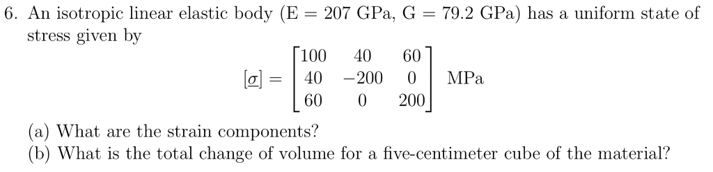 Solved 6. An isotropic linear elastic body (E -207 GPa, G | Chegg.com