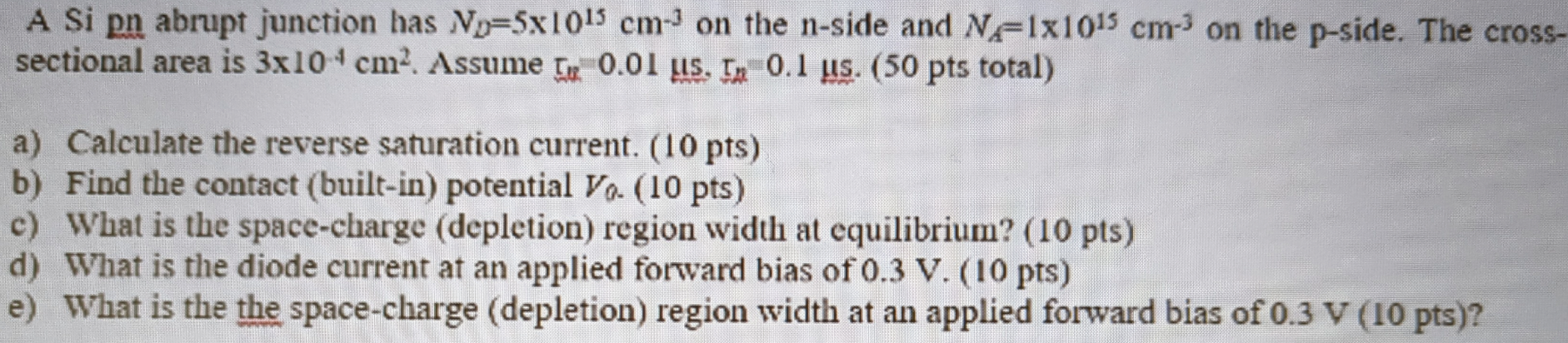 Solved A Si pn abrupt junction has ND=5×1015 cm−3 on the | Chegg.com
