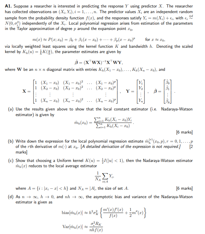 Solved A1. Suppose a researcher is interested in predicting | Chegg.com