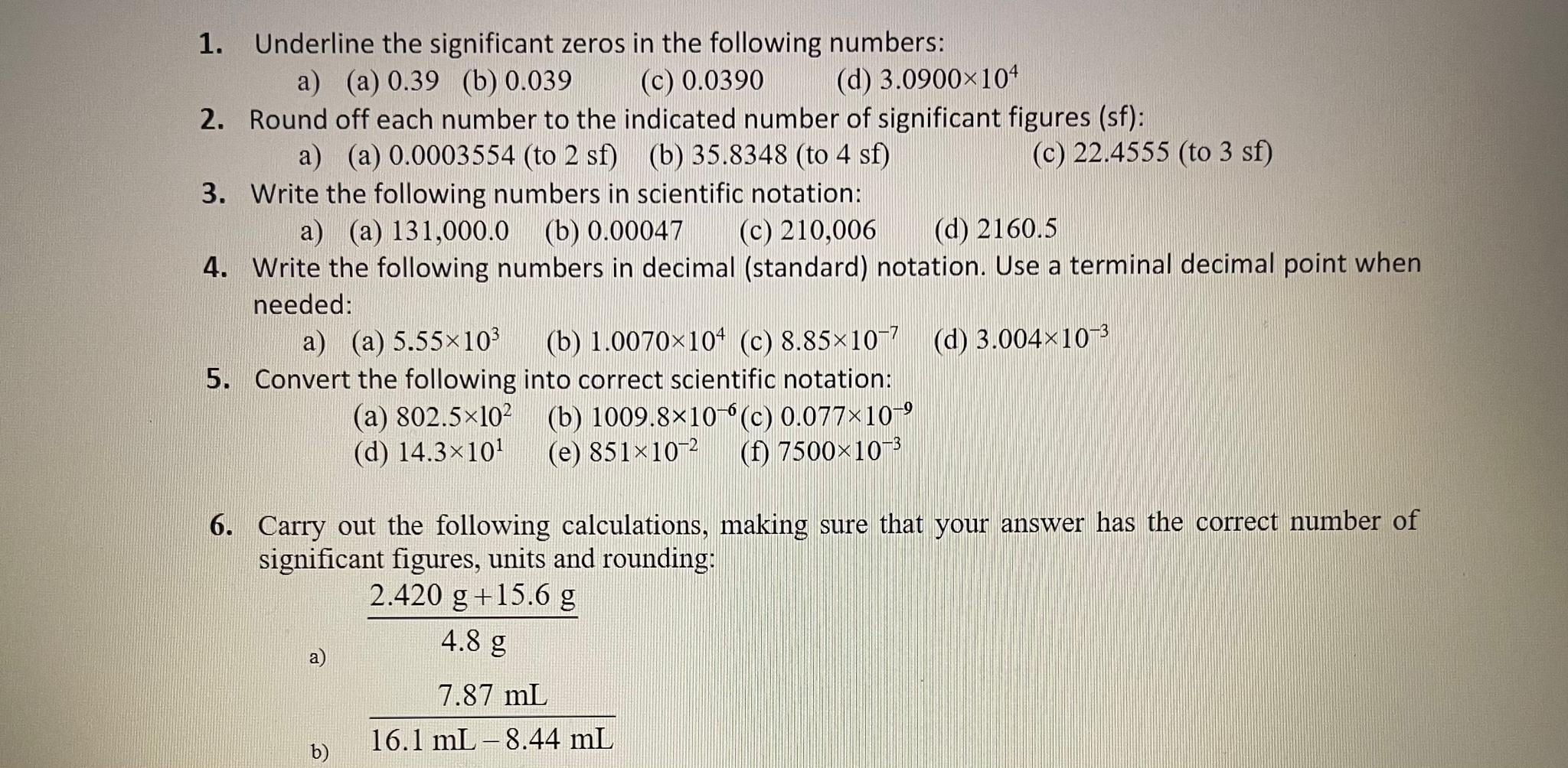 Solved 1. Underline the significant zeros in the following | Chegg.com