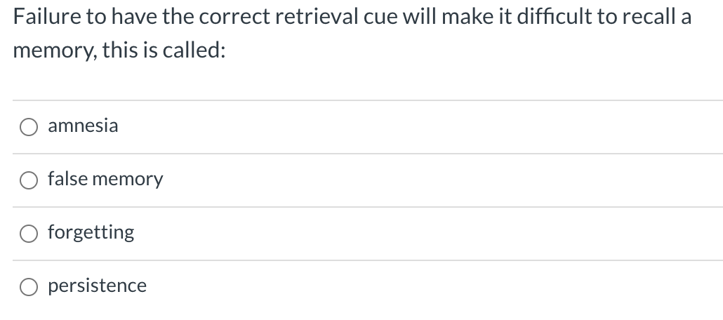 Solved Failure to have the correct retrieval cue will make | Chegg.com