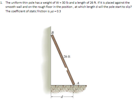 Solved The uniform thin pole has a weight of W=30lb and a | Chegg.com