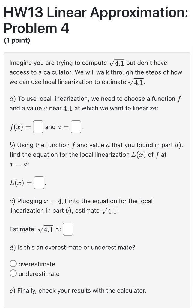 Solved Hw13 Linear Approximation Problem 4 1 Point