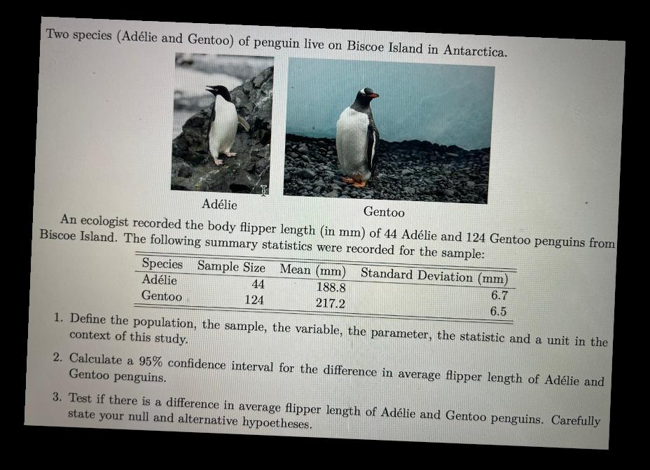Solved Two species (Adélie and Gentoo) of penguin live on | Chegg.com