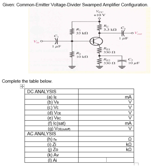 Solved Given: Common-Emitter Voltage-Divider Swamped | Chegg.com