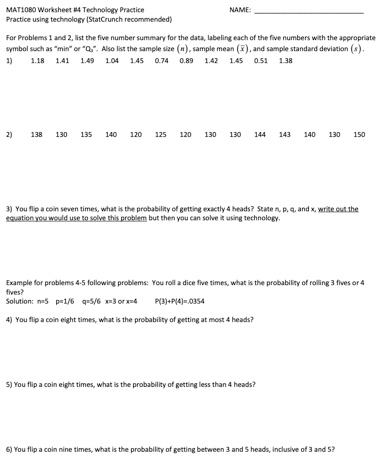Solved MAT1080 Worksheet 4 Technology Practice NAME: | Chegg.com