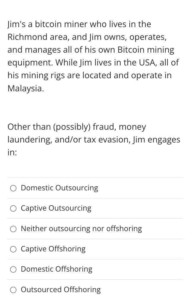 Solved Jim's a bitcoin miner who lives in the Richmond area, | Chegg.com