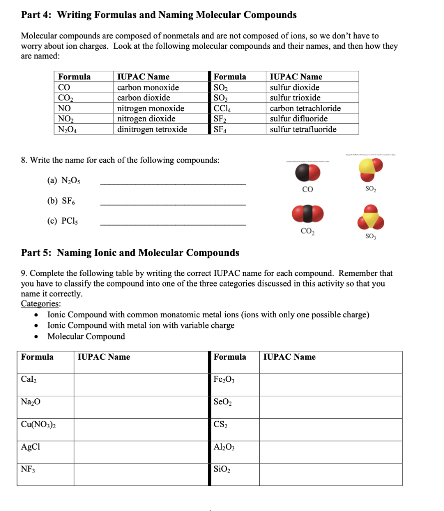 Solved Part 4: Writing Formulas and Naming Molecular | Chegg.com