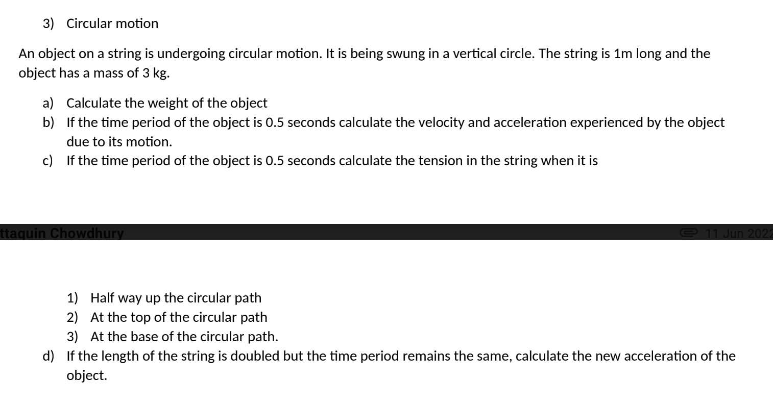 Solved 3) Circular motion An object on a string is | Chegg.com