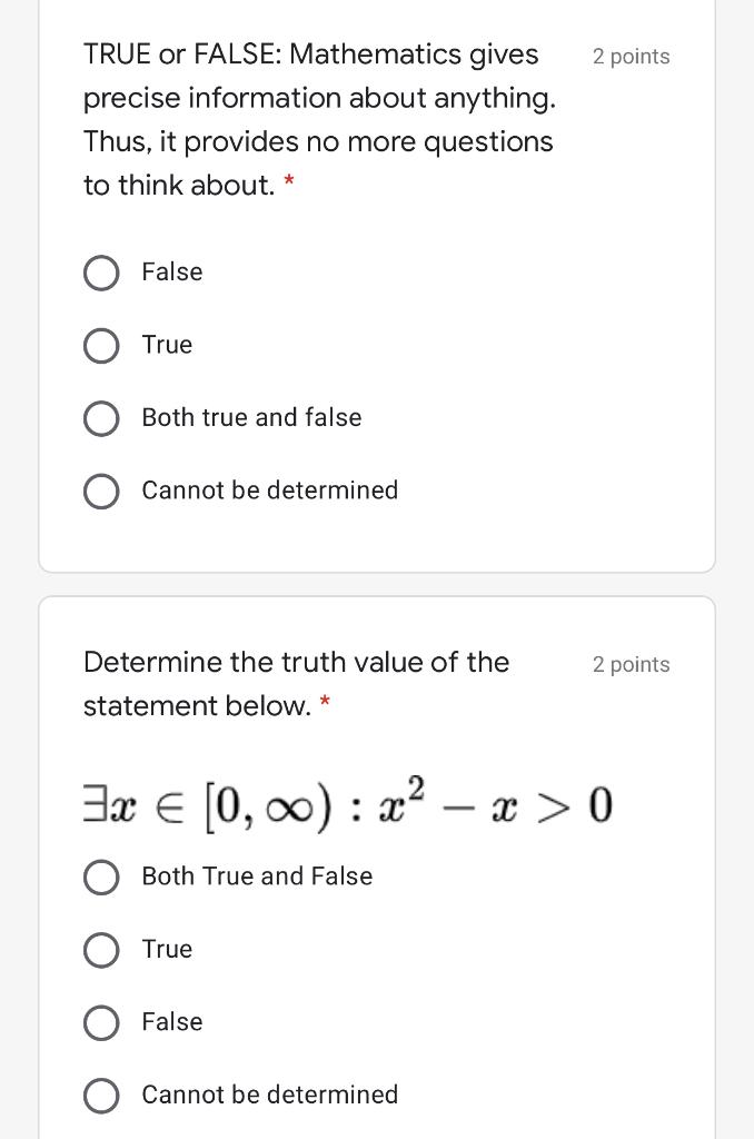 Solved 2 points TRUE or FALSE: Mathematics gives precise | Chegg.com ...