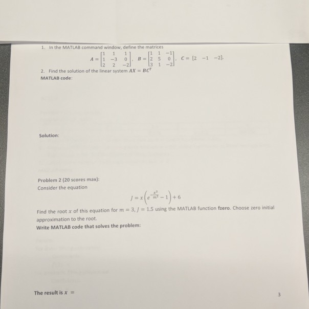 1. In the MATLAB command window, define the matrices | Chegg.com