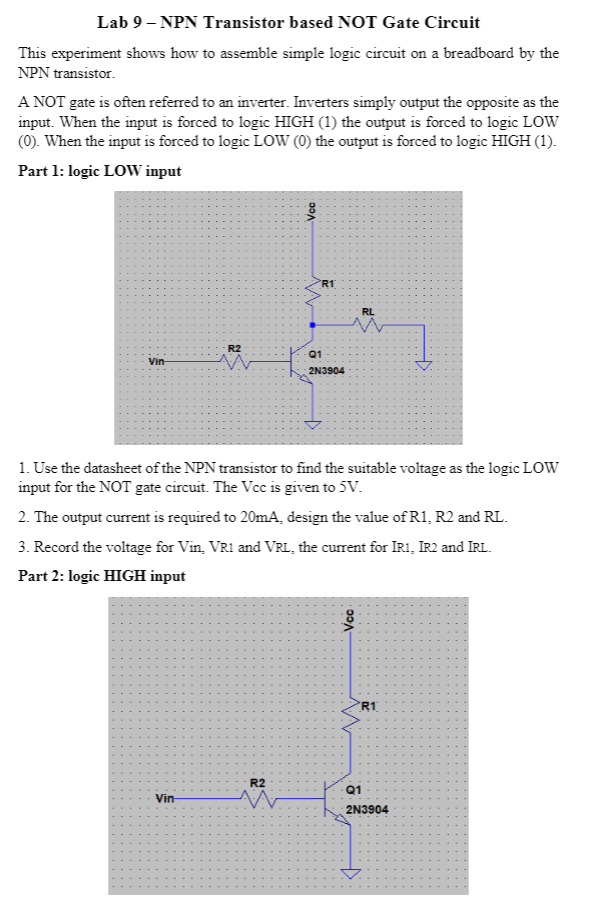Lab 9- NPN Transistor based NOT Gate Circuit This | Chegg.com