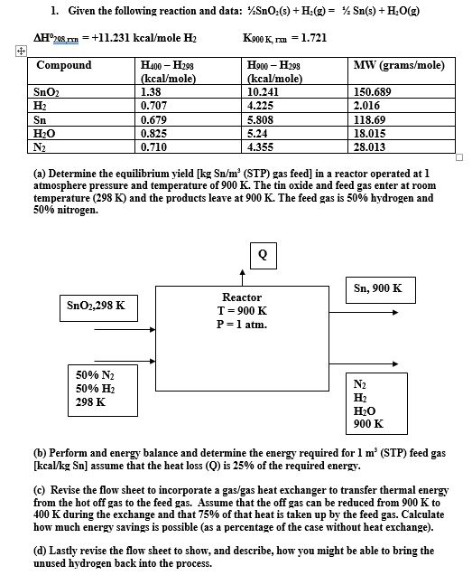 1. Given the following reaction and data: VSnO.(s) | Chegg.com