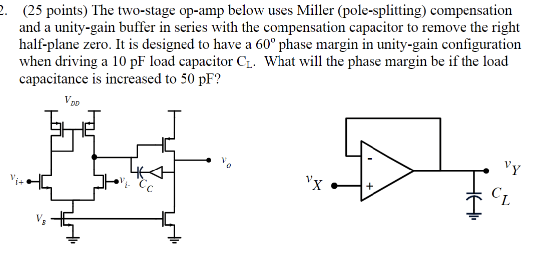 Solved ( 25 points) The two-stage op-amp below uses Miller | Chegg.com