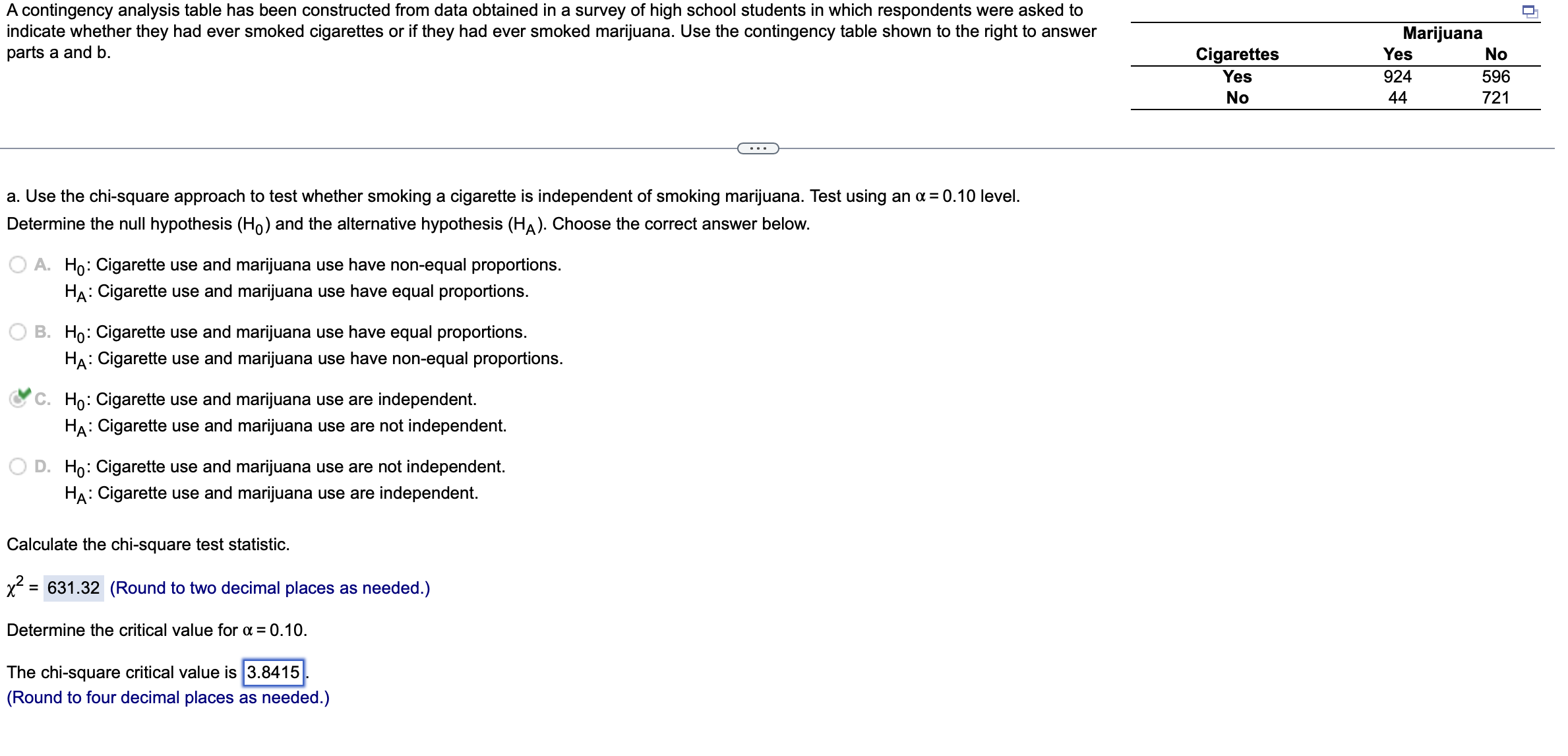 Solved A contingency analysis table has been constructed | Chegg.com