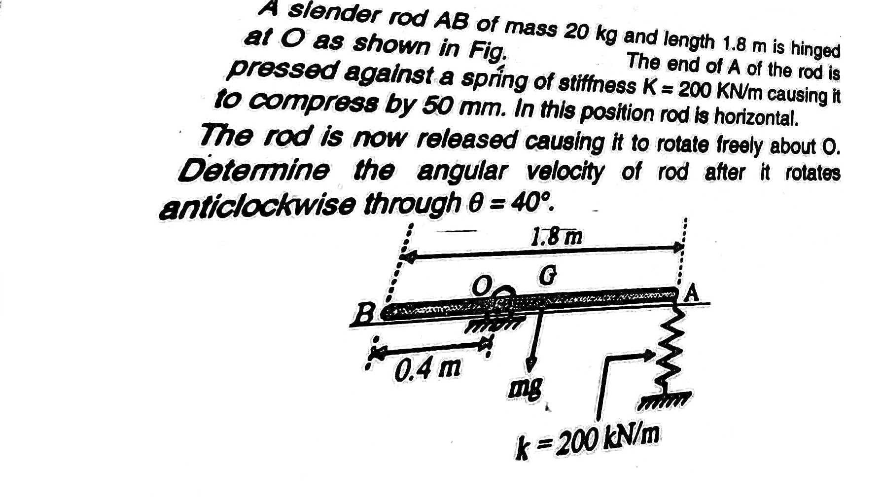 Solved A slender rod AB of mass 20 kg and length 1.8 m is | Chegg.com