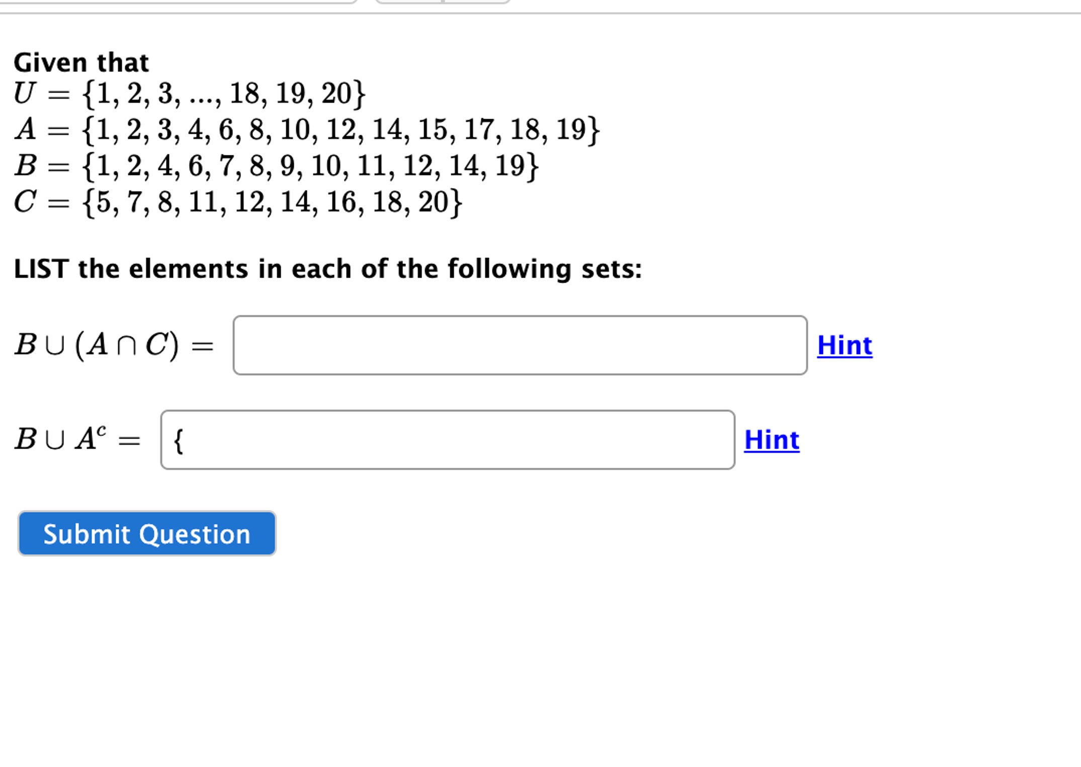 Solved Given thatU={1,2,3,...,18,19,20} | Chegg.com