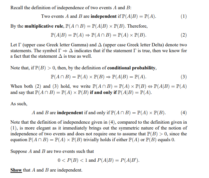 Solved Two events A and B are independent if P(A∣B)=P(A). By | Chegg.com