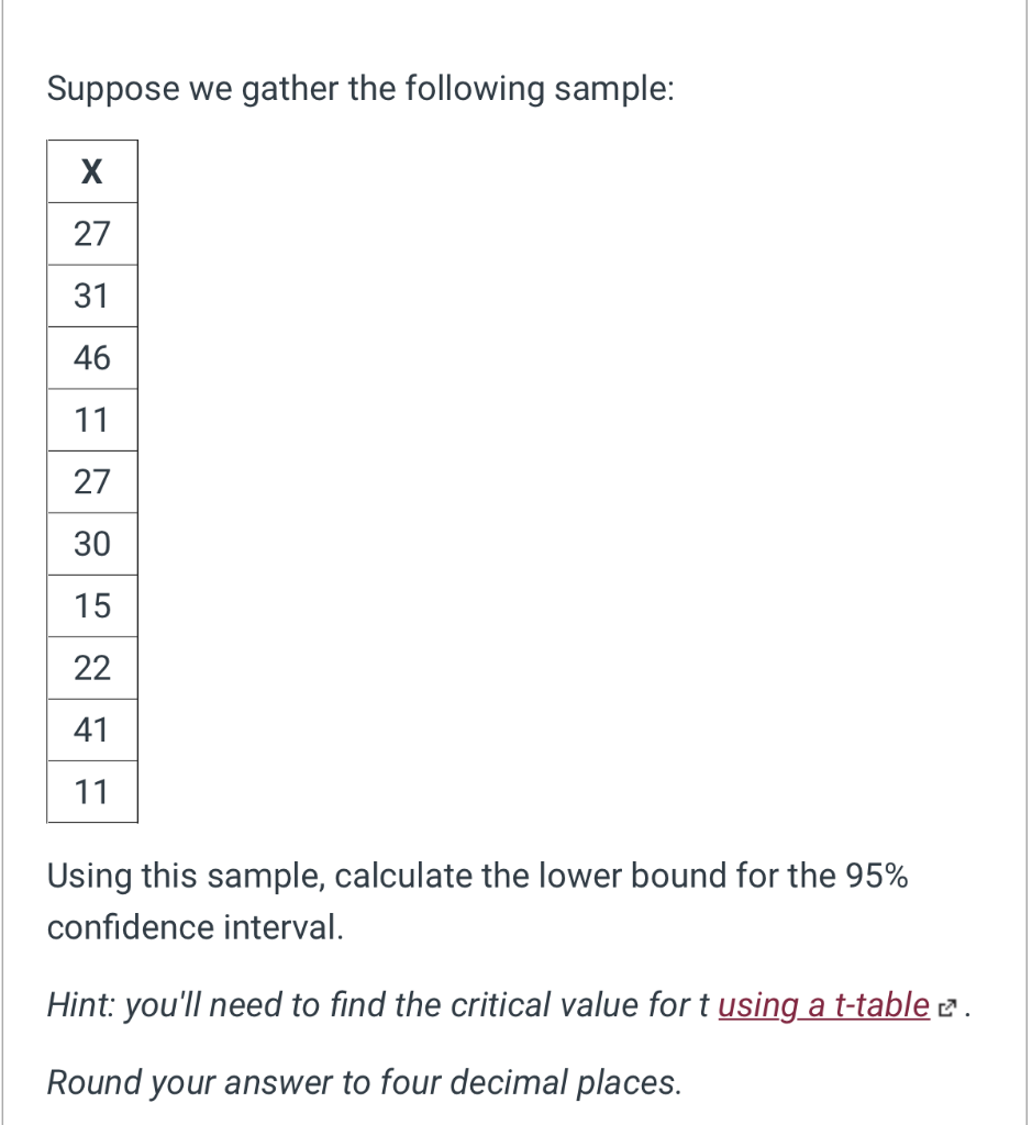 Solved Suppose we gather the following sample: X 27 31 46 11 | Chegg.com