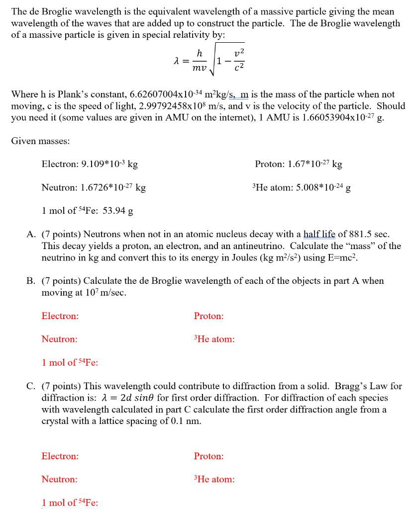 Solved The de Broglie wavelength is the equivalent | Chegg.com