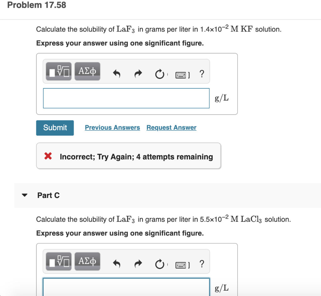 Solved Problem 17.58 Calculate the solubility of LaF3 in | Chegg.com