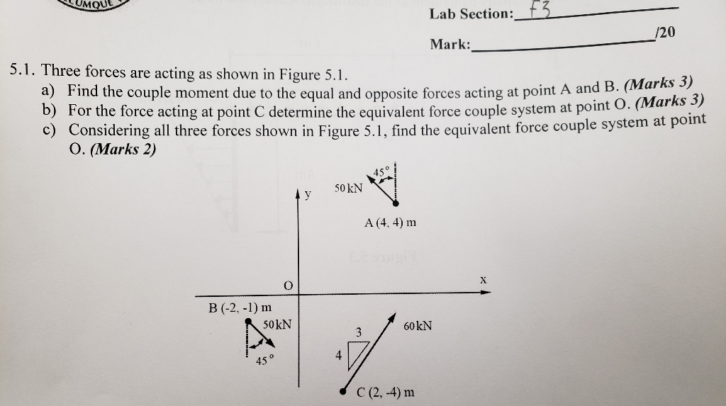 Solved UMQUE Lab Section: F3 /20 Mark: 5.1. Three forces are | Chegg.com