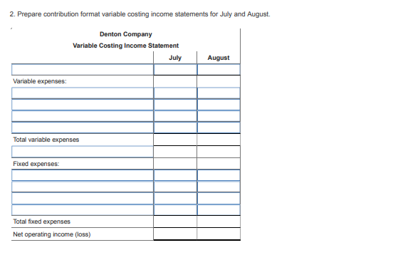 Solved 2. Prepare contribution format variable costing | Chegg.com Solved 2. Prepare contribution format variable costing | Chegg.com