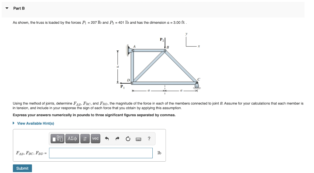 Solved As shown, the truss is loaded by the forces P1=207lb | Chegg.com