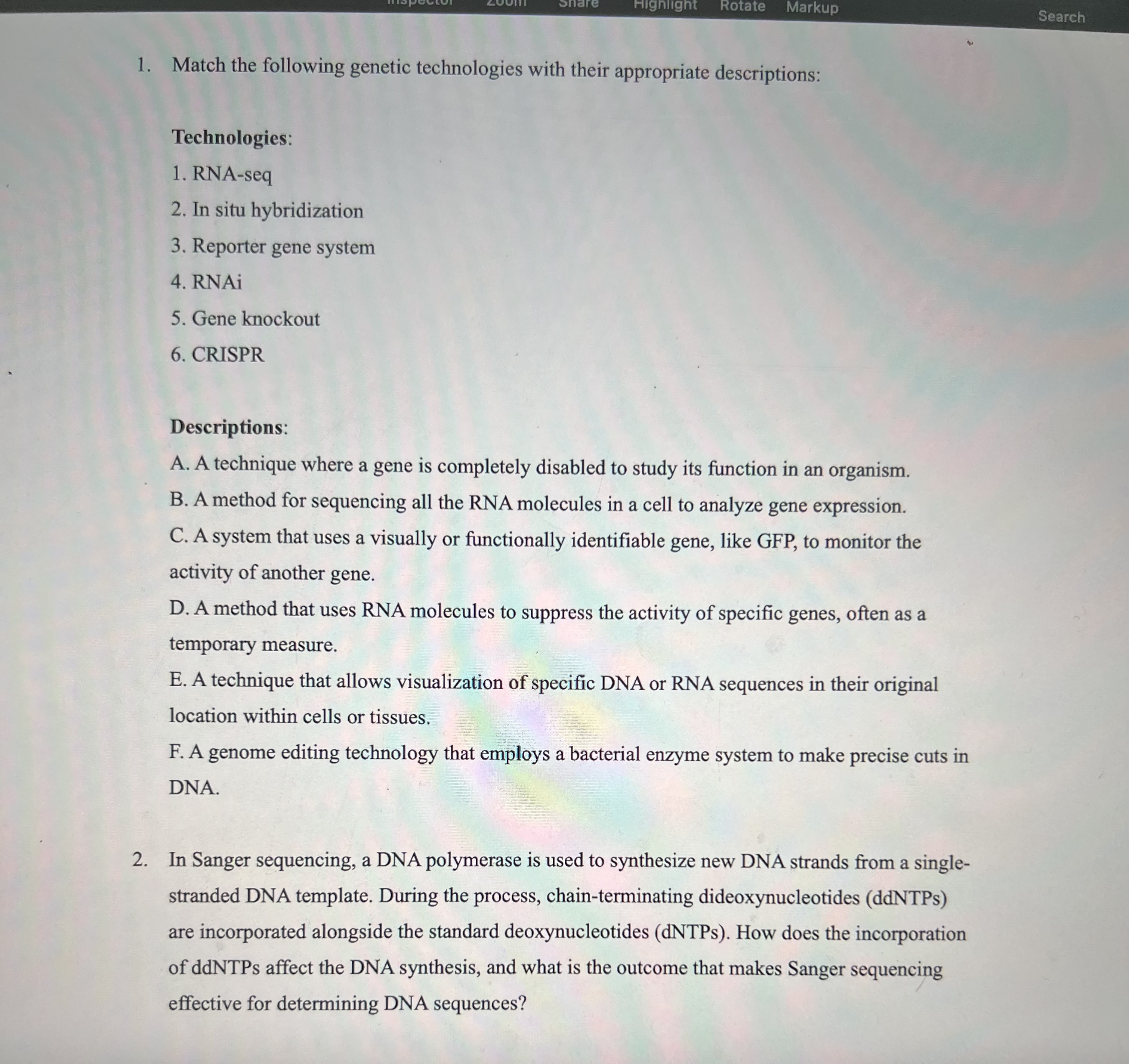 Solved 1. Match the following genetic technologies with | Chegg.com